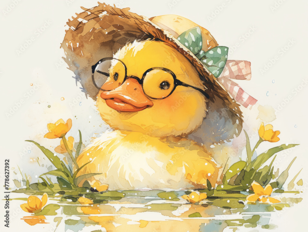 Cartoon illustration of little yellow duck wearing a hat Stock ...
