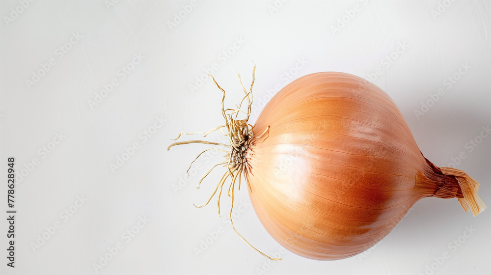 Whole onion with papery skin on white background. Layers visible, depth ...