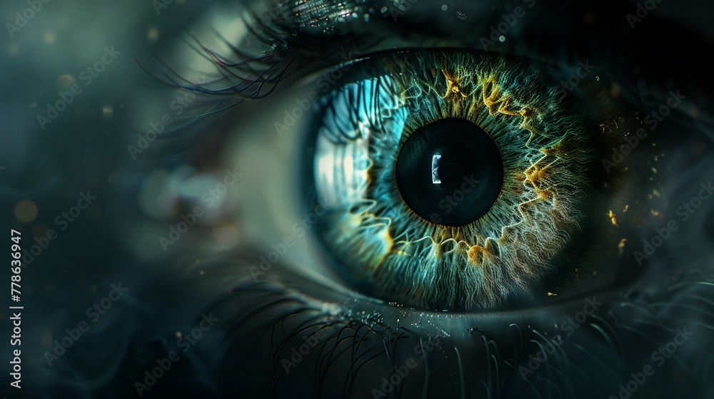 Holographic eye scan detailed iris and cornea floating in darkness ...