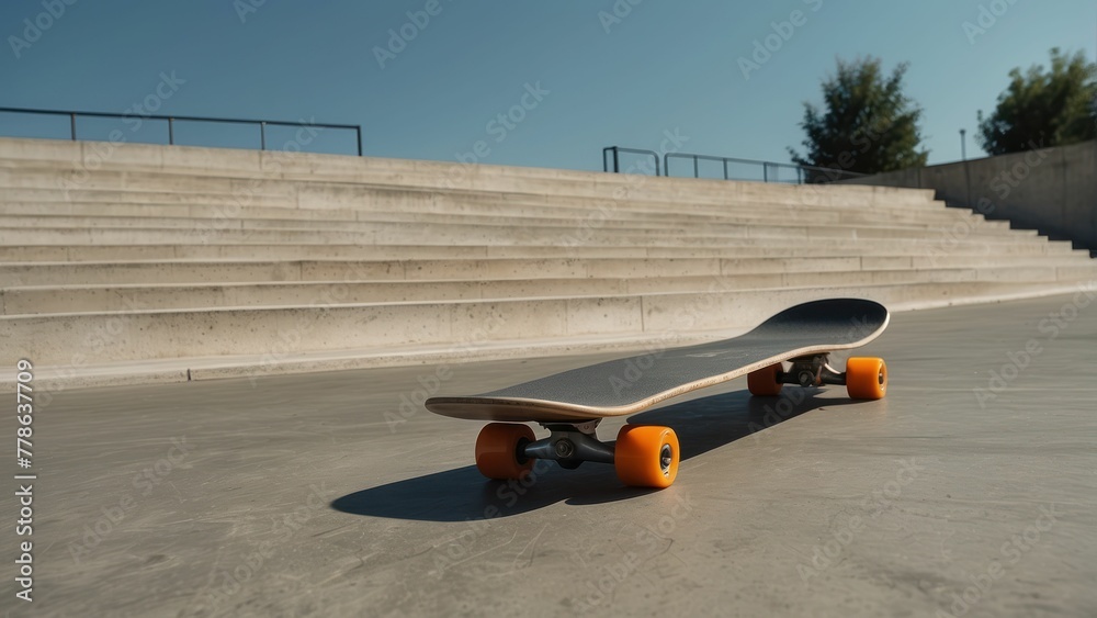 The sleek minimalism of a skateboard on a concrete skatepark, focusing ...