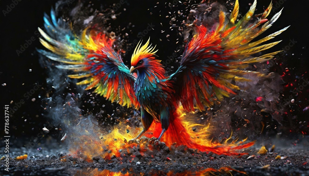 Mythical Phoenix bird with flames and ashes against a black background ...