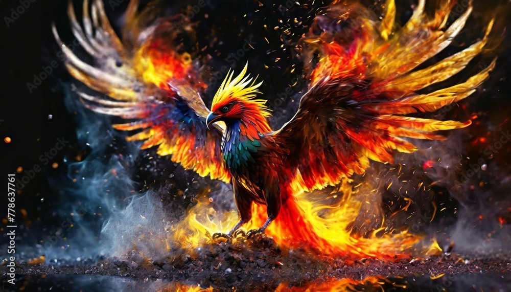 Mythical Phoenix bird with flames and ashes against a black background ...