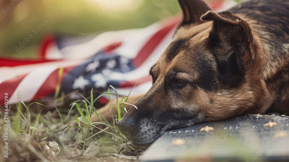 sad german dog shreped on the grave of his former owner carrying a usa ...