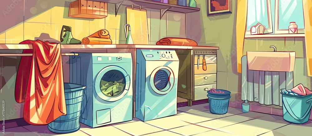 A cartoon illustration of a laundry room with a washing machine ...
