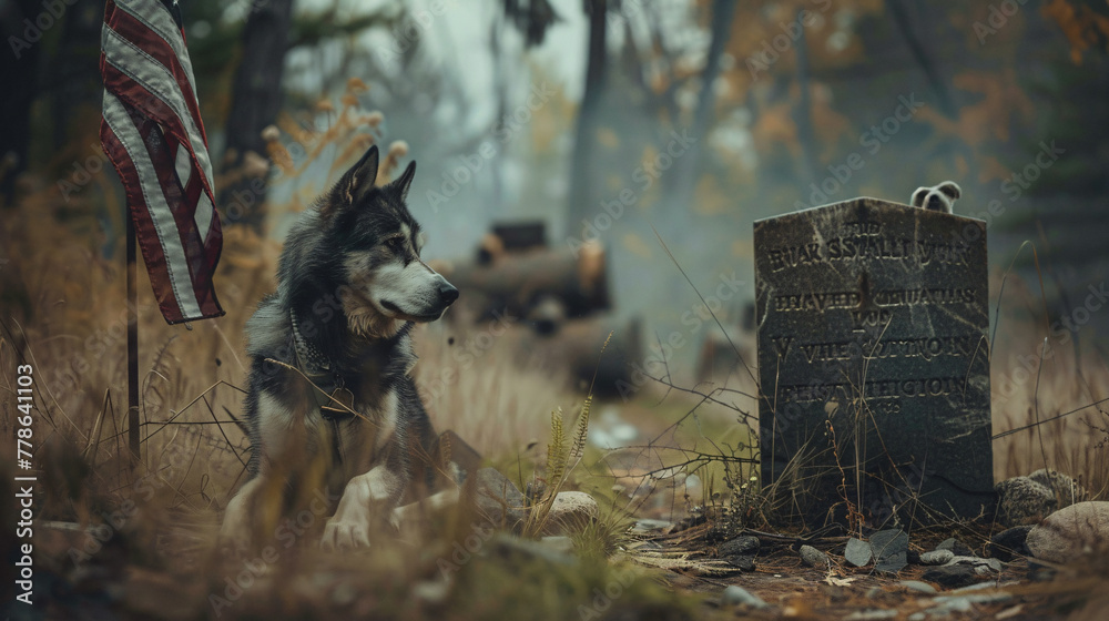 sad german dog shreped on the grave of his former owner carrying a usa ...