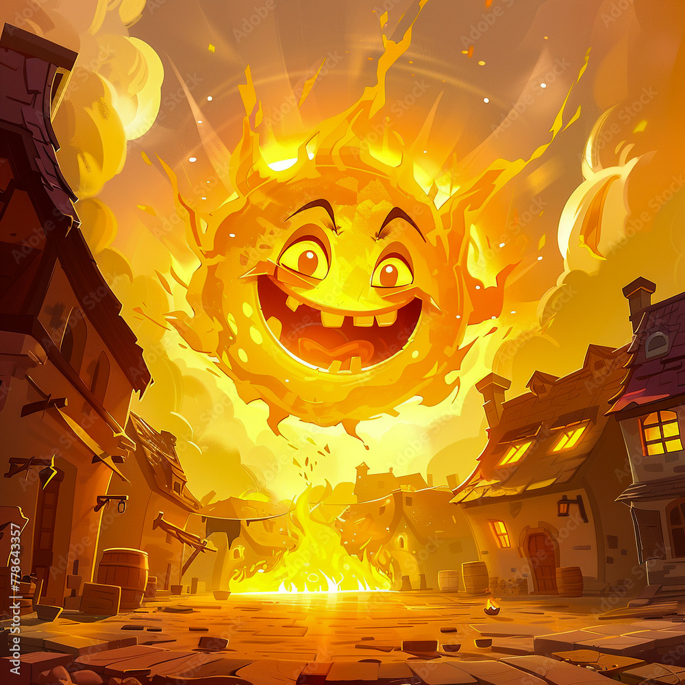 A caricature of the sun with a mischievous smile, beaming down on a ...
