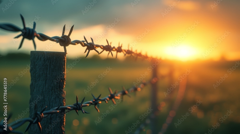 Stark image of a barbed wire fence, representing barriers and divisions ...