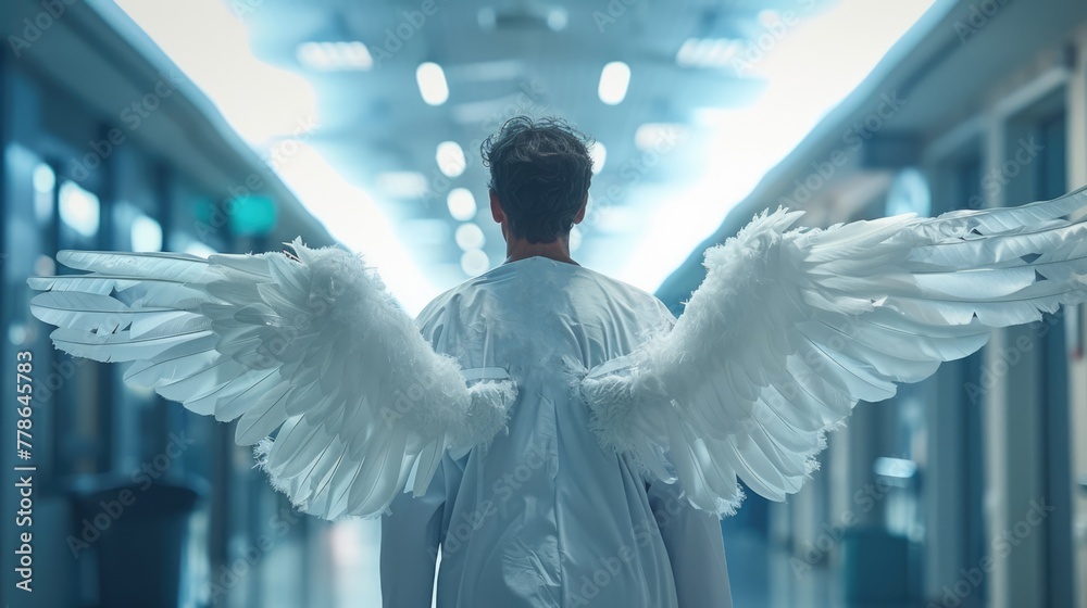 Doctor with angel wings in a white coat. Guardian angel concept. Hero ...