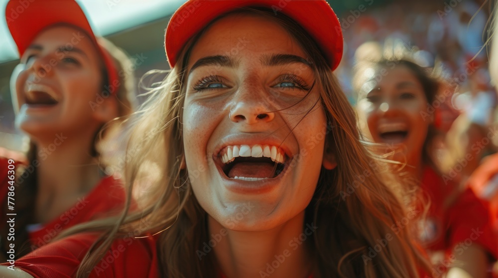 Red sports fans scream as they support their team from the stadium ...
