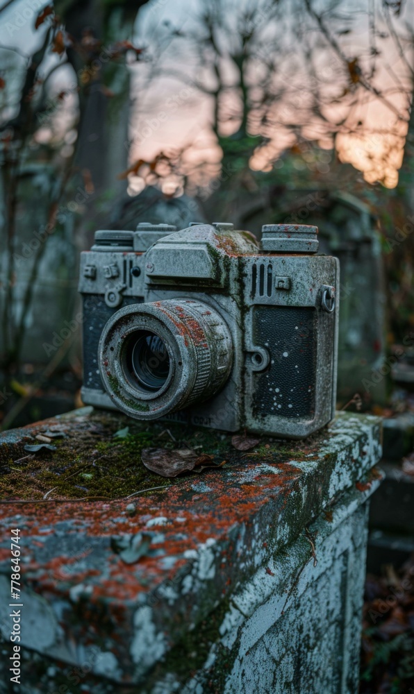 Monument to the camera on the grave in the middle of an old cemetery ...