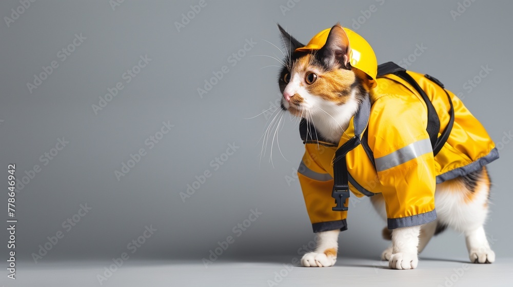 Captured on World Safety Day, a calico cat dressed in a tailored safety ...