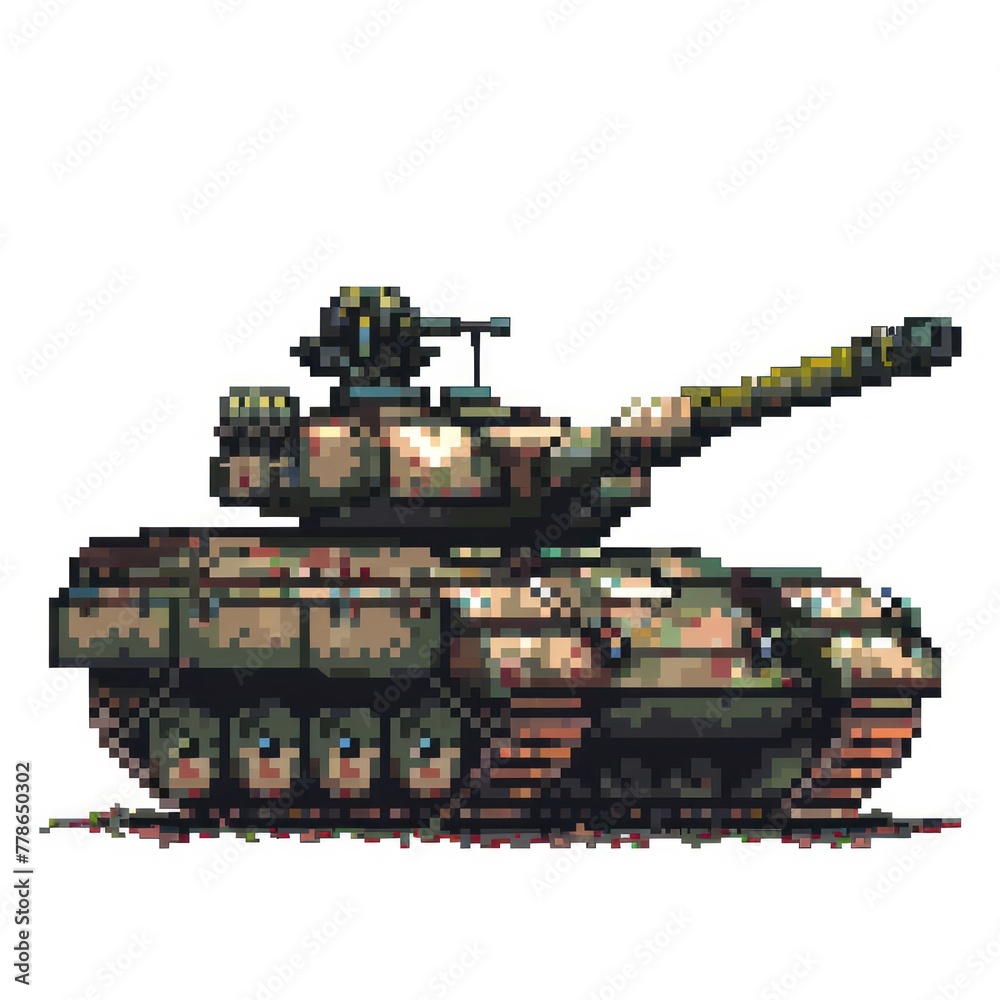 A detailed pixel art illustration of a military tank with camouflage ...