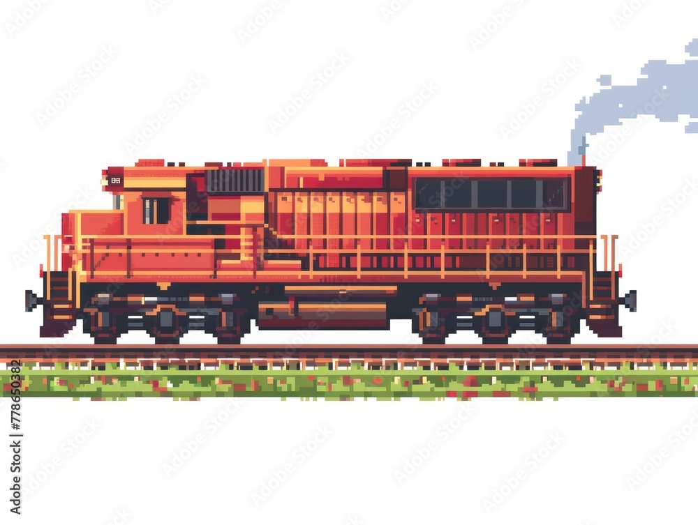 A detailed pixel art illustration of a vintage orange train with smoke ...