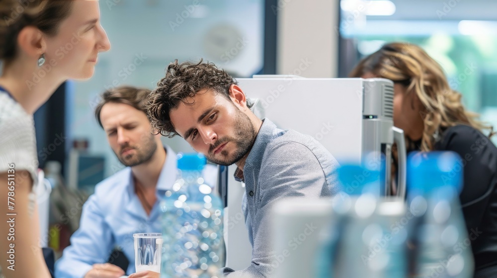 Employees around a water cooler, one person looking particularly ...