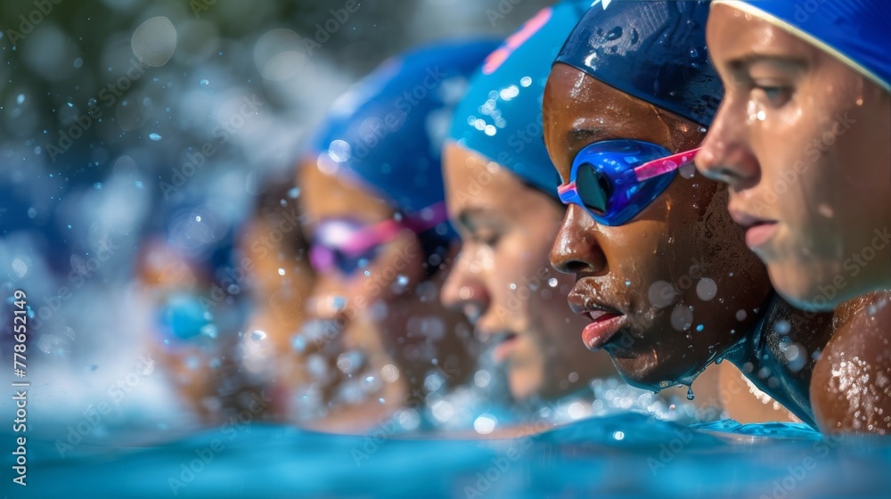 Female swimmers at the start of a race, emphasizing strength and the ...