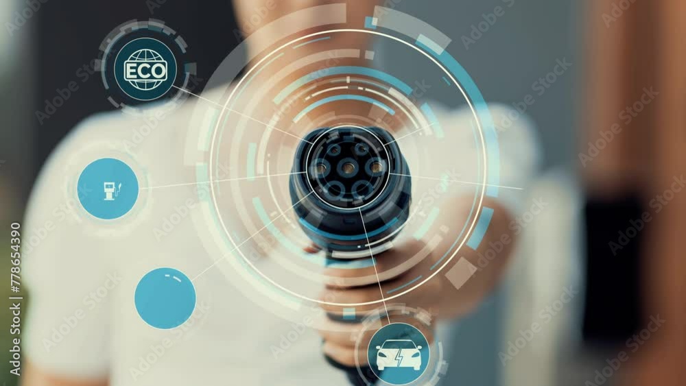 Focus EV charger pointing in front of camera display futuristic eco ...