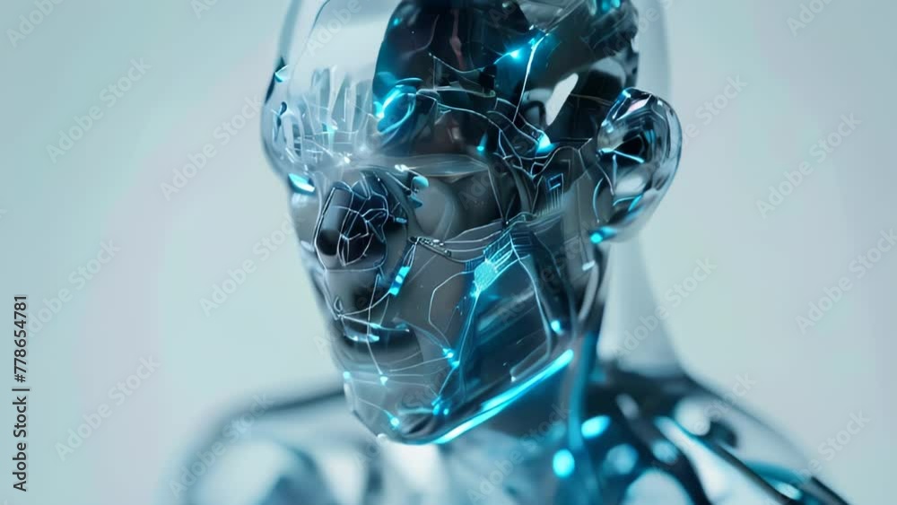A futuristic cyborg robot equipped with artificial intelligence stands ...
