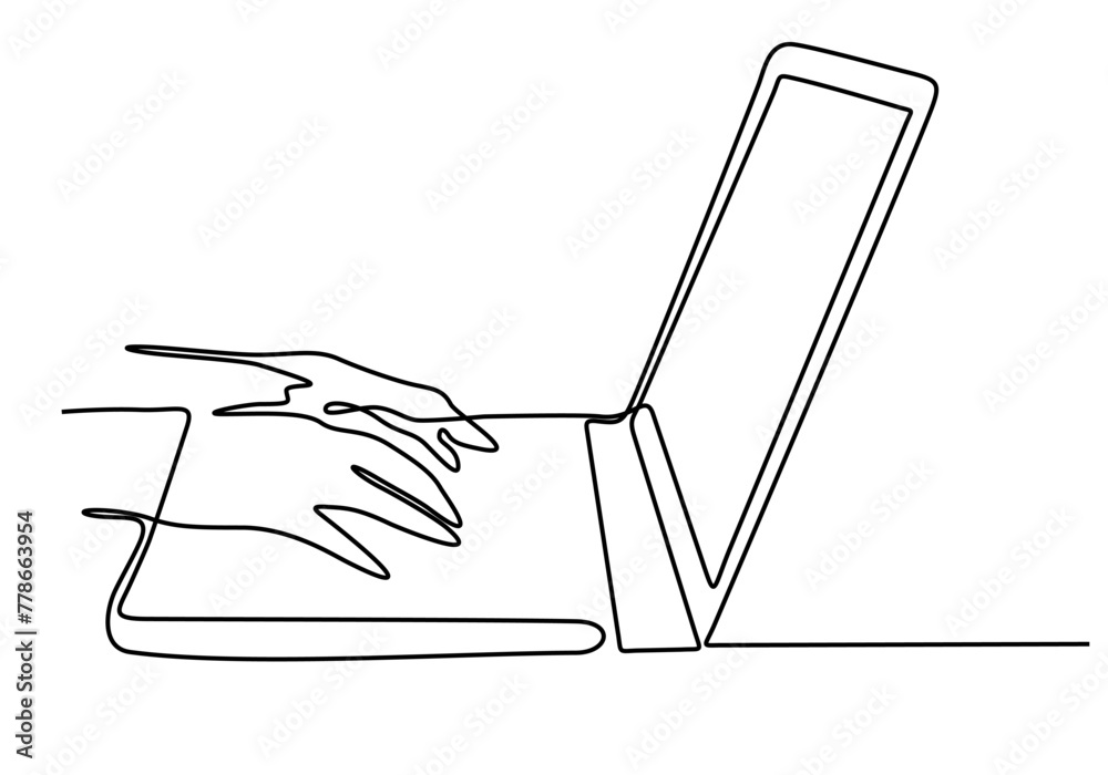 Continuous single line drawing of woman's hands typing on laptop. Happy ...