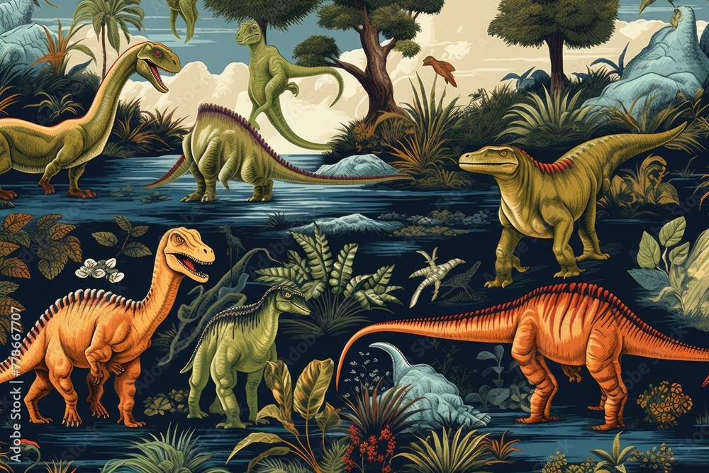 Dinosaurs, A playful pattern of dinosaurs in a prehistoric setting, AI ...