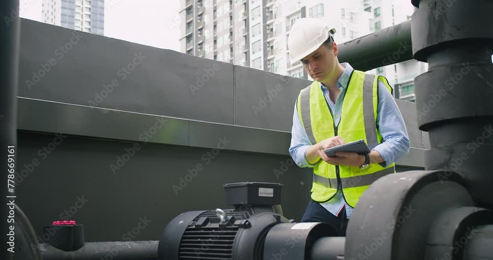 A Engineer man looking inspecting maintenance insulated pipelines valve ...