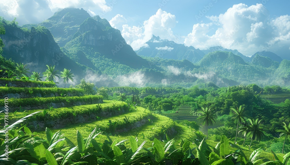 Terraced Rice Fields, Stepped fields of green rice paddies against a ...