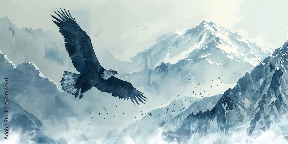 Majestic Eagle Soaring High Above Snow Capped Mountain Peaks Symbol of ...