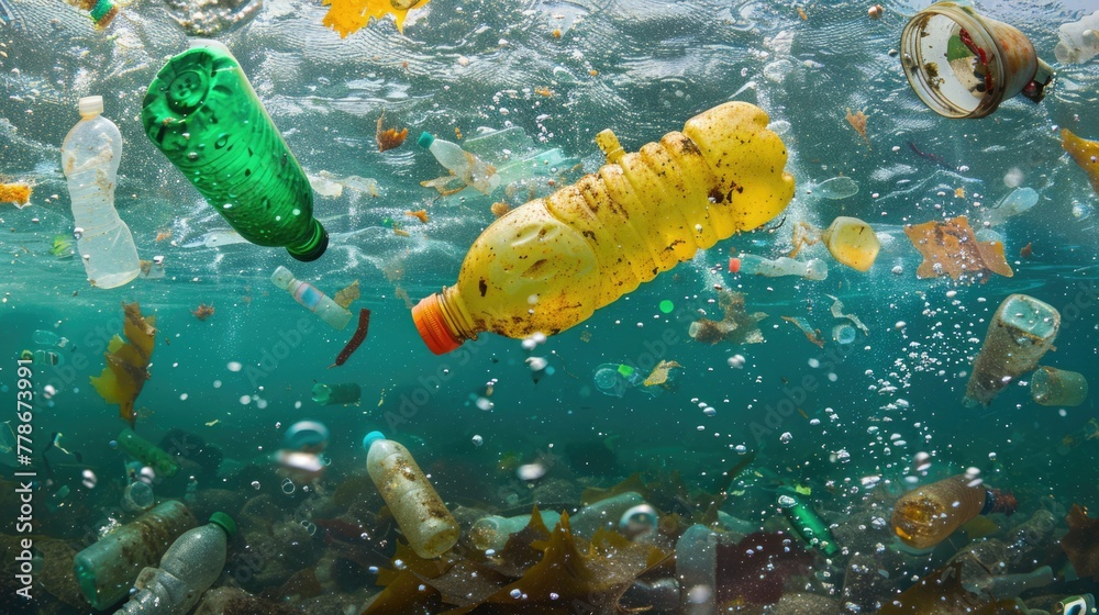 Marine plastic pollution. Global ecology problems of humanity. Lots of ...