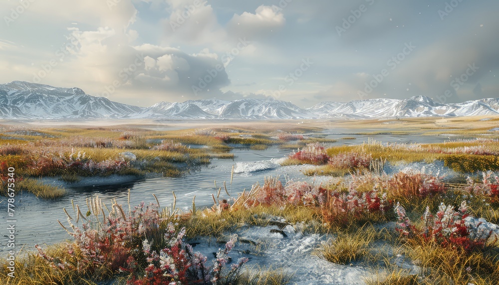 Arctic Tundra, Barren expanses of frozen tundra with patches of ...