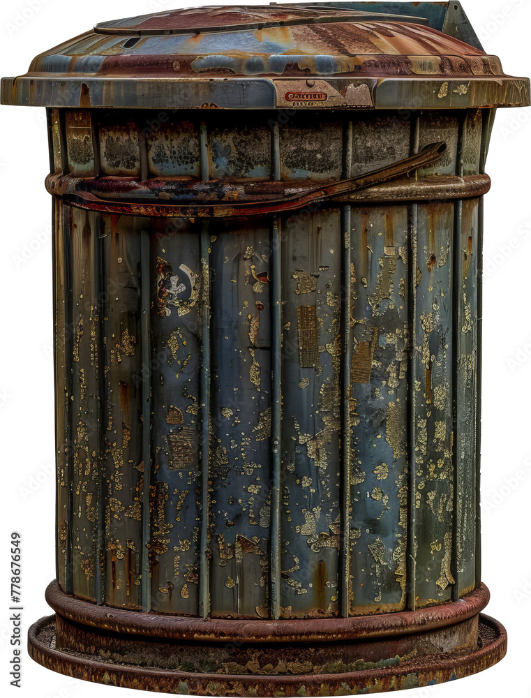 Vintage blue trash can with rust and wear marks isolated cut out on ...