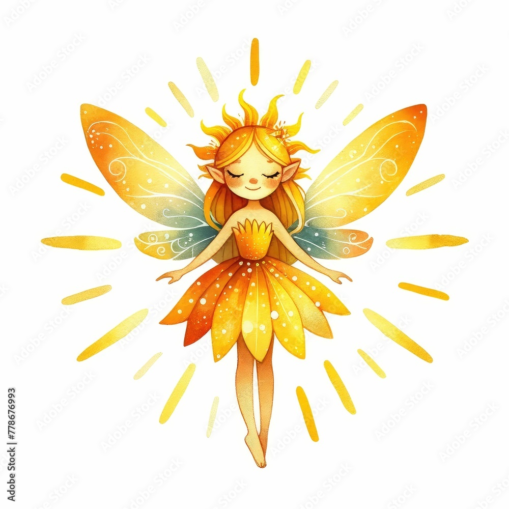 Sun fairy with radiant light. watercolor illustration, Perfect for nursery art, Cute Fairy ...