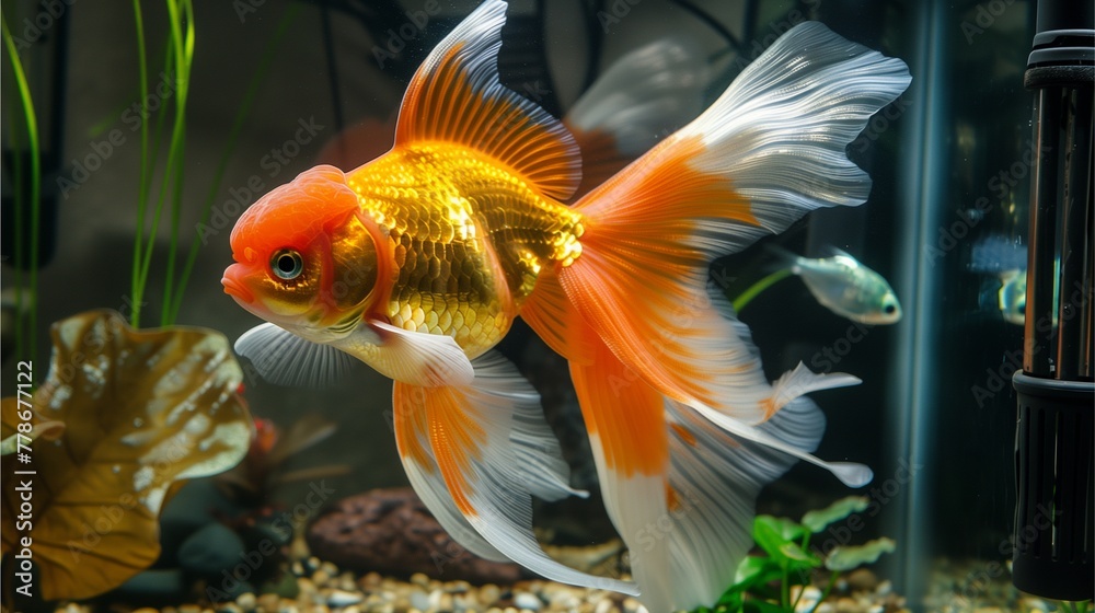 Goldfish and fish swimming in an aquarium with orange and white colors ...
