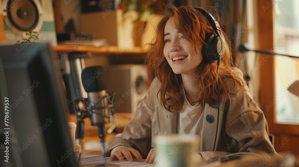 Woman record podcast at sound studio. Pretty girl taking microphone ...