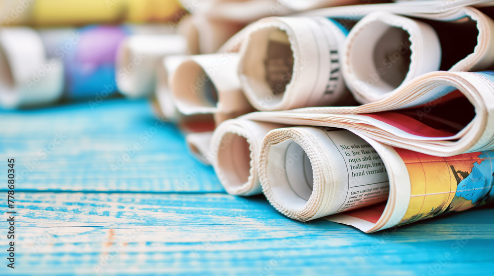 Title: "Media Stack" Art Description: A stack of newspapers against a ...