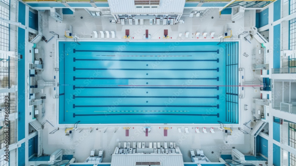 Overhead view of an empty Olympic swimming pool - An aerial shot ...