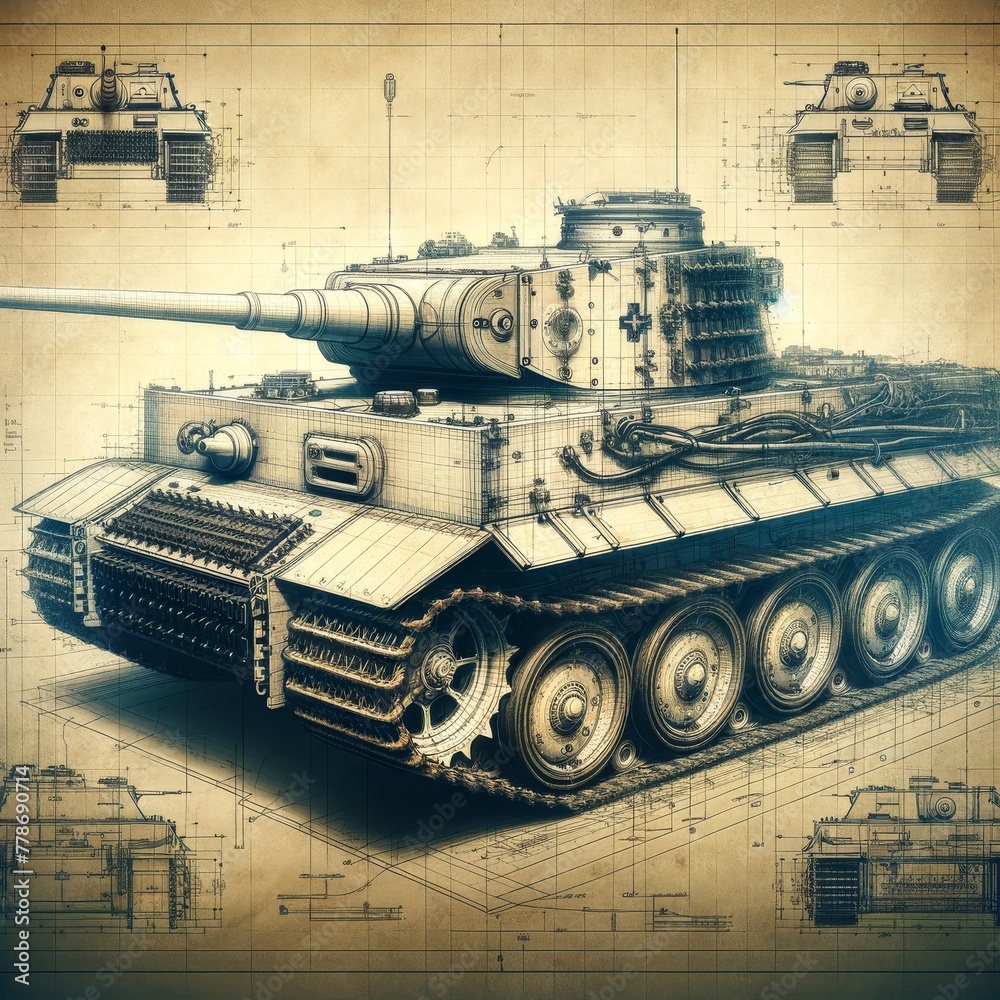 Detailed sketch of a military tank with precision mechanics on ...