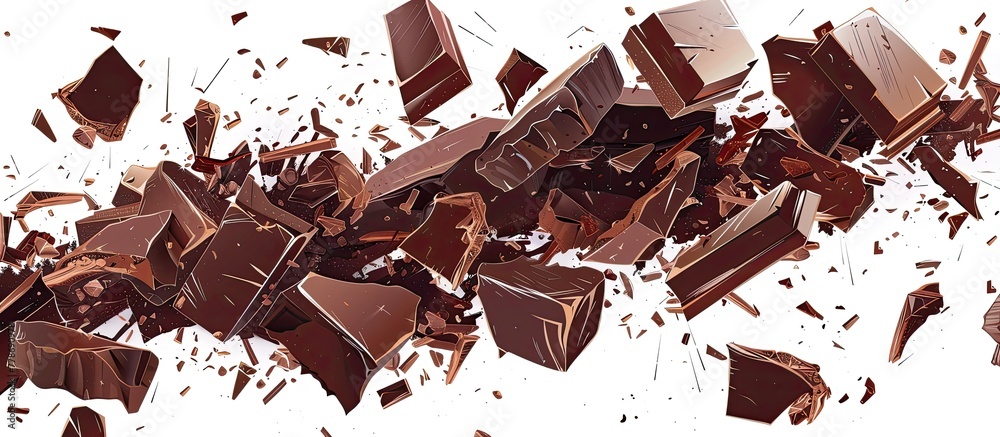 A jumbled pile of shattered chocolate bits sits against a pristine ...