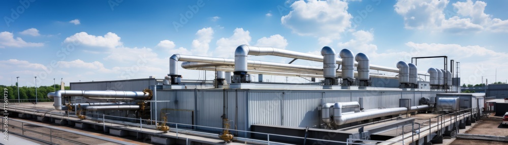 Installation of HVAC system in industrial building showing pipes Stock ...