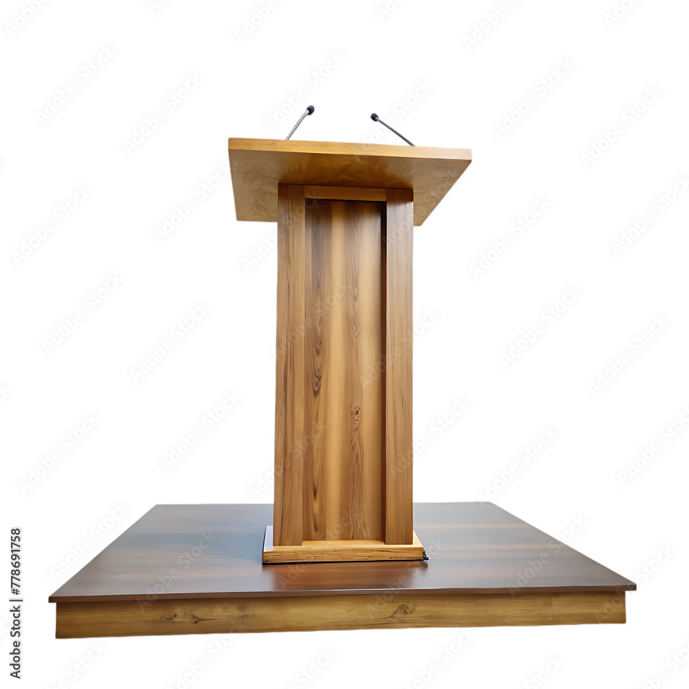 Conference lectern made of reddish wood with microphone isolated on a ...