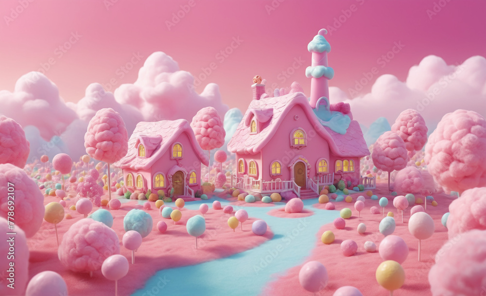 Candy fluffy land with a house in the center, with cotton candy ...