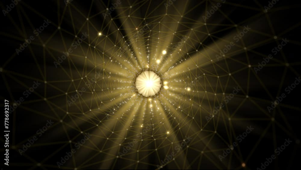 Abstract star plexus tunnel in gold colors with a round sparking, with ...