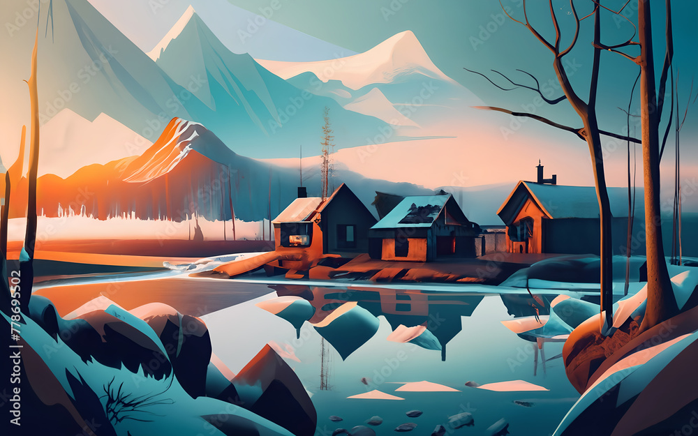 Nature landscape in a cold country with wooden house or cottage ...