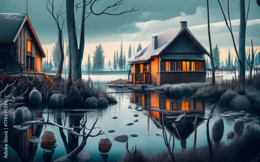 Nature landscape in a cold country with wooden house or cottage ...