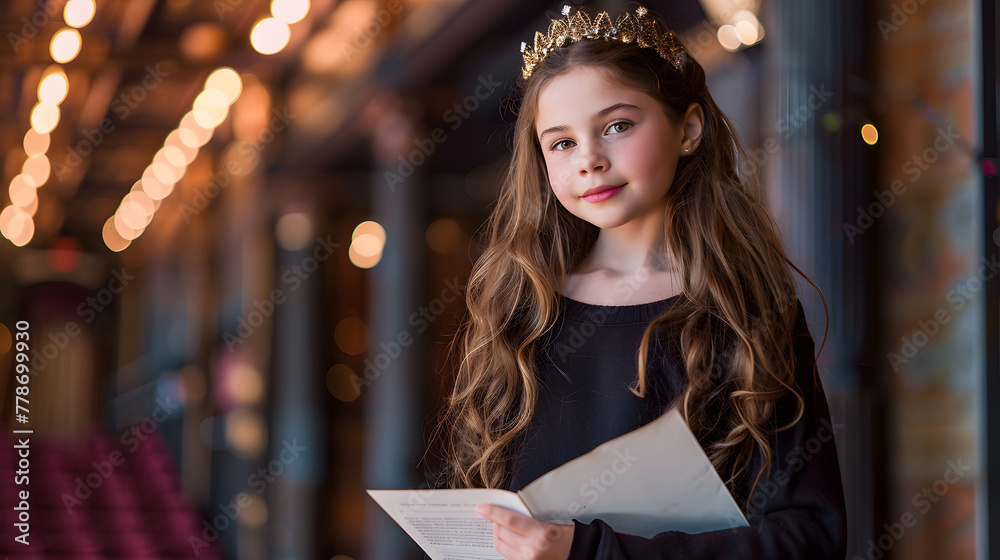 A young actress with long hair and a tiara stands against a theater ...