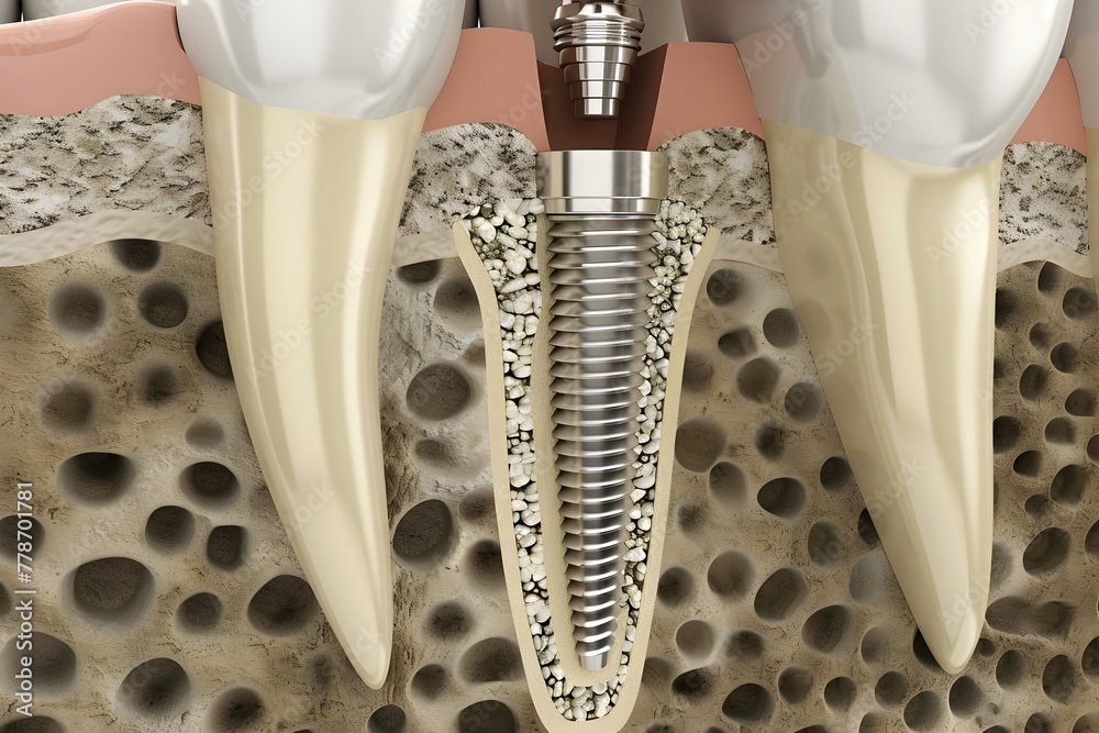 Close Up Cutaway View of Dental Implant Embedded in Jawbone with ...