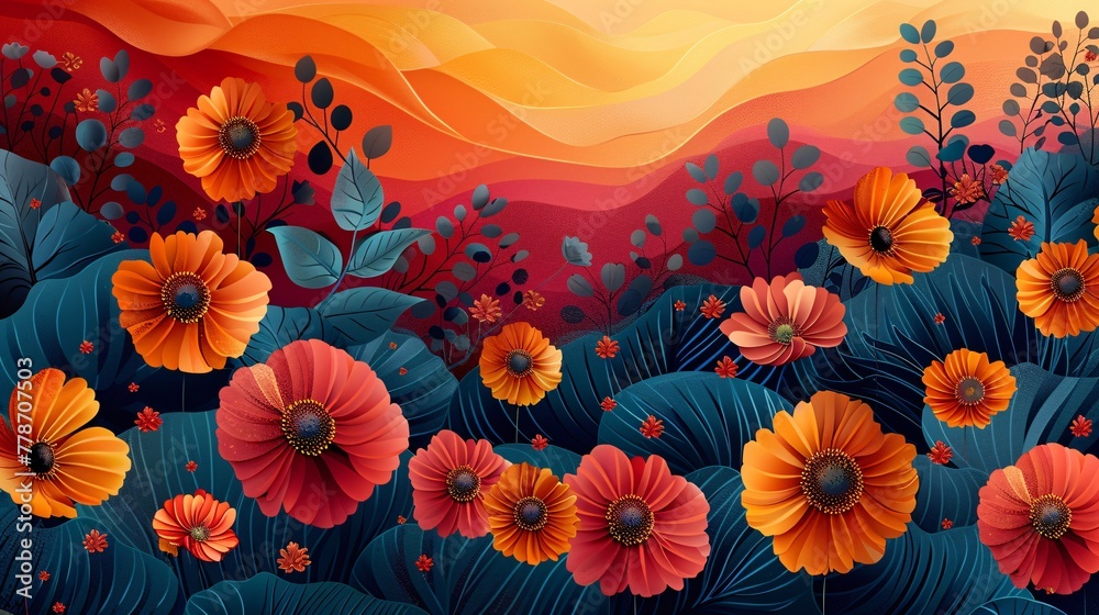 Vintage 70s funky Art Deco floral design. Bohemian artwork featuring ...