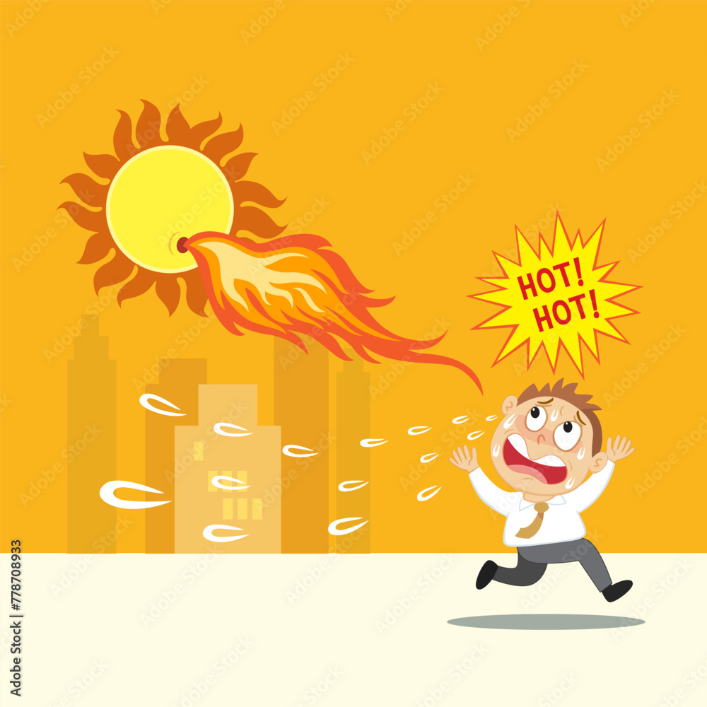 Hand drawn man run away from extreme heat on a hot day. Angry sun Stock ...