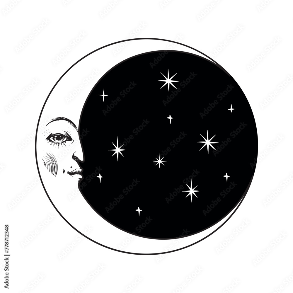 Stylish crescent moon face and sky with stars, celestial outline tattoo ...