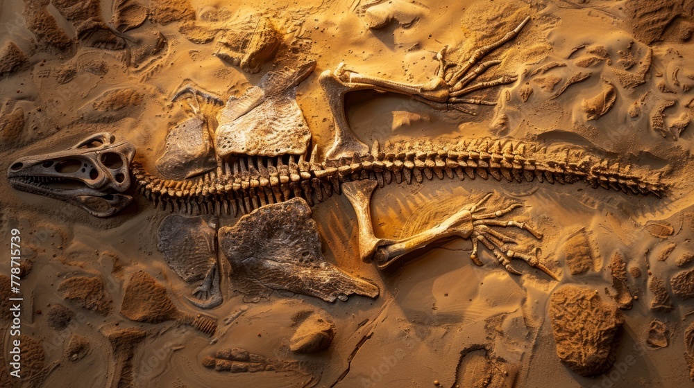 Dinosaur Fossil Excavation in Sand A detailed and well-preserved ...