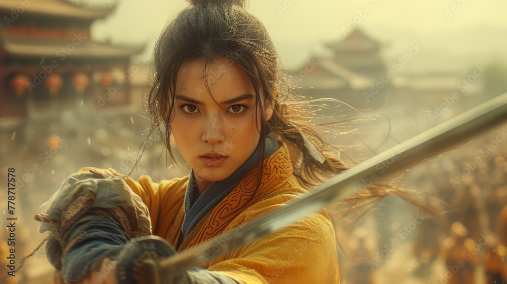 a woman holding a sword in a scene from the movie mulan, which is ...
