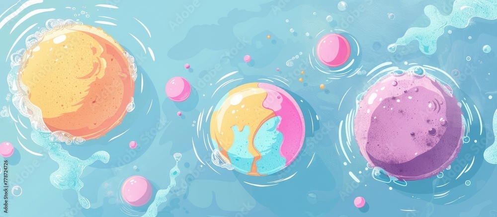Assorted bath bombs floating in a pool of water, creating a vibrant and ...